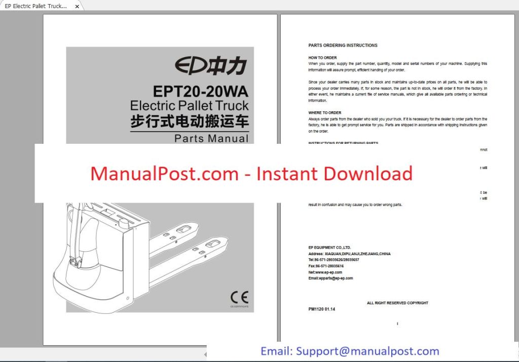 EP Electric Pallet Truck EPT20-20WA Parts Manual – ManualPost – Instant ...